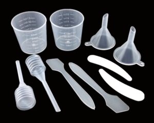 yueton 2 sets of 5 different refillable tools, funnel/measuring cup/transfer pipettes/mask spatula/cosmetic scoop