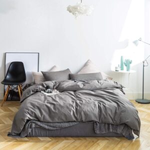 susybao grey duvet cover 100% washed cotton queen vintage gray duvet cover 3 pieces set 1 solid color retro duvet cover with zipper ties 2 pillowcases soft farmhouse grey bedding set