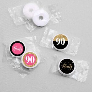 Big Dot of Happiness Chic 90th Birthday - Pink, Black and Gold Round Candy Sticker Favors Labels Fit Chocolate (1 Sheet 108)