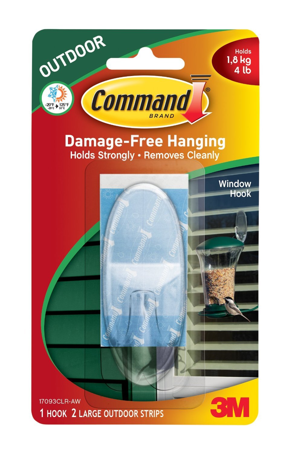 Command Outdoor Large Window Hook, Clear, 2-Pack