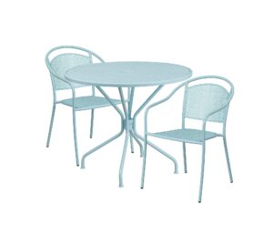 flash furniture commercial grade 35.25" round sky blue indoor-outdoor steel patio table set with 2 round back chairs