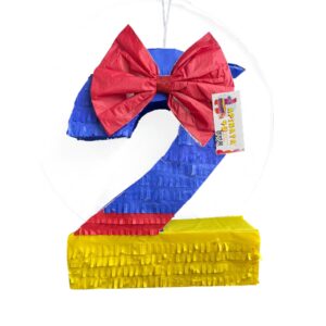 apinata4u number two pinata, multicolor princess theme for second birthday, yellow, red, and blue kids party decorations, birthday party supplies, party gift favors pinata, 20 x 16 x 4 inches