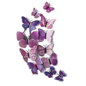 akoak 24 pcs 3d butterfly wall stickers art decor decals with sponge gum and magnet(purple)