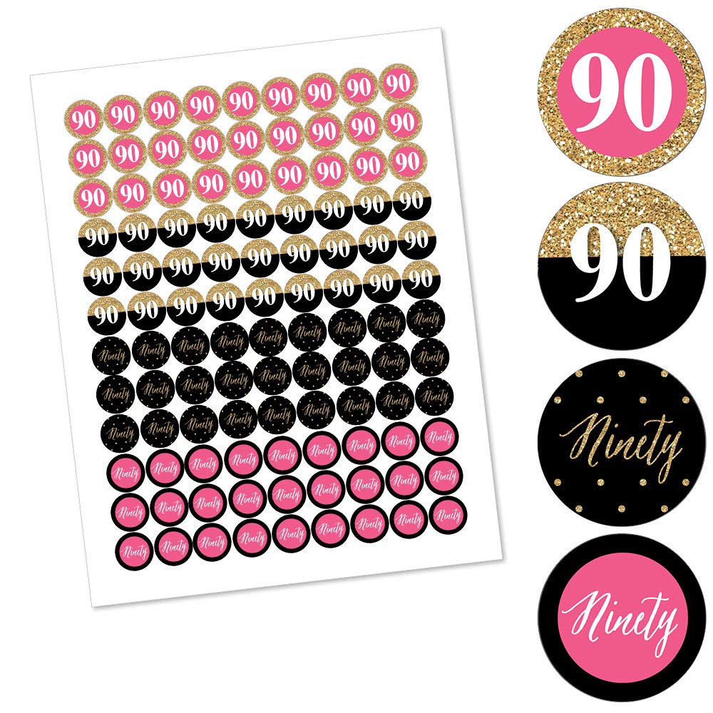 Big Dot of Happiness Chic 90th Birthday - Pink, Black and Gold Round Candy Sticker Favors Labels Fit Chocolate (1 Sheet 108)