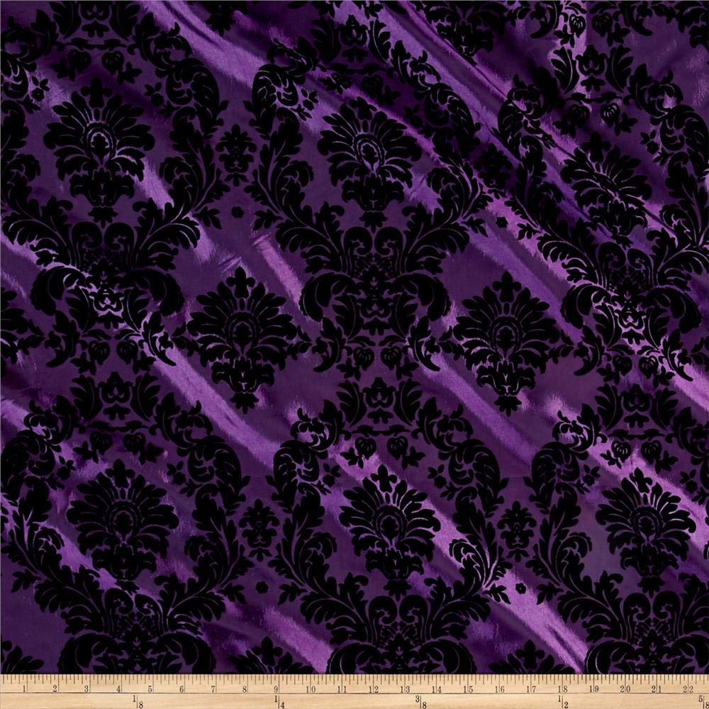 Flocked Damask Taffetta Light Plum/Black, Fabric by the Yard