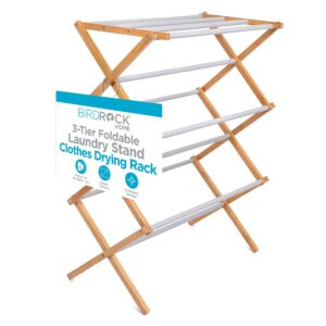 birdrock home wooden clothes drying rack | 3-tier foldable bamboo laundry stand | water-resistant, fully assembled, collapsible indoor/outdoor dryer for hanging clothes | grey