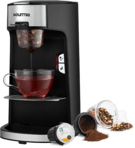 gourmia gcm3600 3 in 1 coffee & tea maker -k-cup pod, loose leaf tea & ground coffee compatible -single serve machine -automatic -removable filters & adapters -16 oz water reservoir -1300w -black