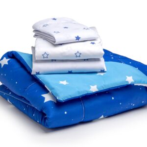 Delta Children 4 Piece Toddler Bedding Set for Boys - Reversible 2-in-1 Comforter - Includes Fitted Comforter to Keep Little Ones Snug, Bottom Sheet, Top Sheet, Pillow Case - Blue Stars