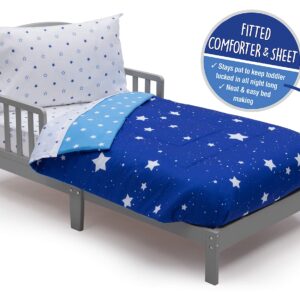 Delta Children 4 Piece Toddler Bedding Set for Boys - Reversible 2-in-1 Comforter - Includes Fitted Comforter to Keep Little Ones Snug, Bottom Sheet, Top Sheet, Pillow Case - Blue Stars