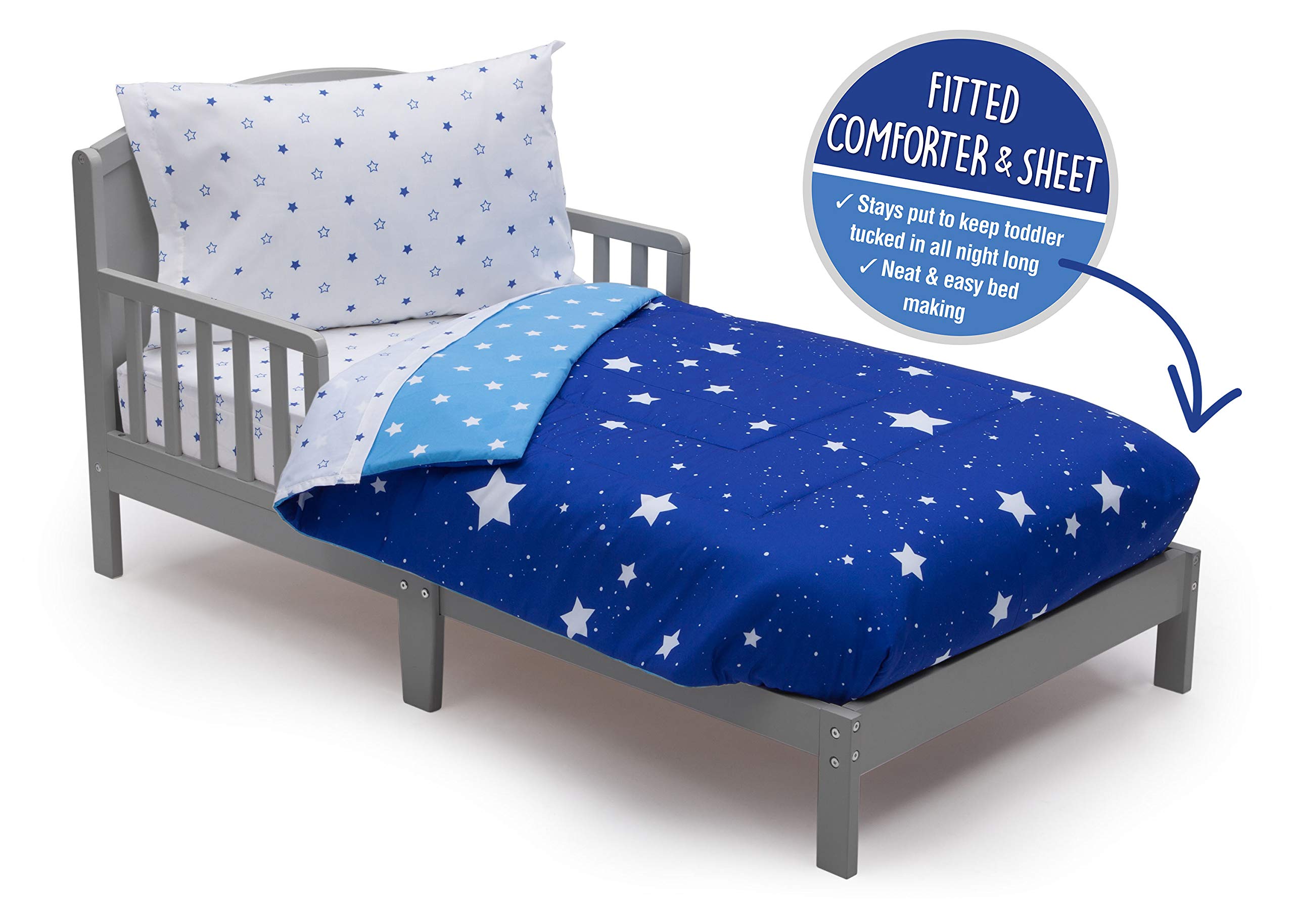 Delta Children 4 Piece Toddler Bedding Set for Boys - Reversible 2-in-1 Comforter - Includes Fitted Comforter to Keep Little Ones Snug, Bottom Sheet, Top Sheet, Pillow Case - Blue Stars