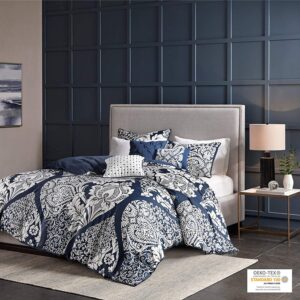 Madison Park Vienna Cotton Poly Blend Duvet Set - Classic Traditional Design, Cozy All Season Comforter Cover, Matching Shams, Decorative Pillows Vienna, King/Cal King(104"x92"), Indigo 6 Piece