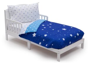 delta children 4 piece toddler bedding set for boys - reversible 2-in-1 comforter - includes fitted comforter to keep little ones snug, bottom sheet, top sheet, pillow case - blue stars