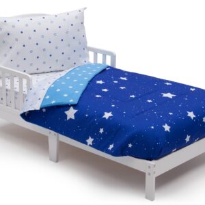 Delta Children 4 Piece Toddler Bedding Set for Boys - Reversible 2-in-1 Comforter - Includes Fitted Comforter to Keep Little Ones Snug, Bottom Sheet, Top Sheet, Pillow Case - Blue Stars