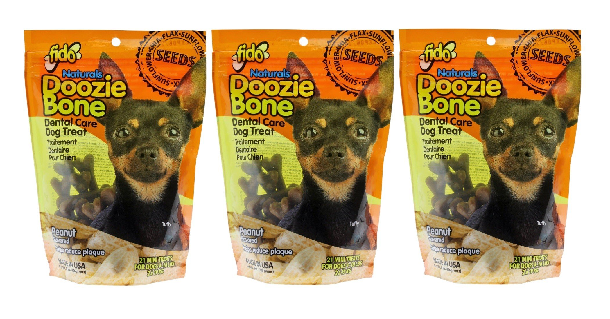 Fido Naturals Doozie Bones Dental Care Treat for Dogs, Peanut Flavored, Made with Sunflower, Chia, & Flax Seeds-Naturally Freshens Breath, Reduces Plaque & Whitens Teeth 21ct - Mini Treats (Pack of 3)