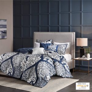 Madison Park Vienna Cotton Poly Blend Duvet Set - Classic Traditional Design, Cozy All Season Comforter Cover, Matching Shams, Decorative Pillows Vienna, King/Cal King(104"x92"), Indigo 6 Piece