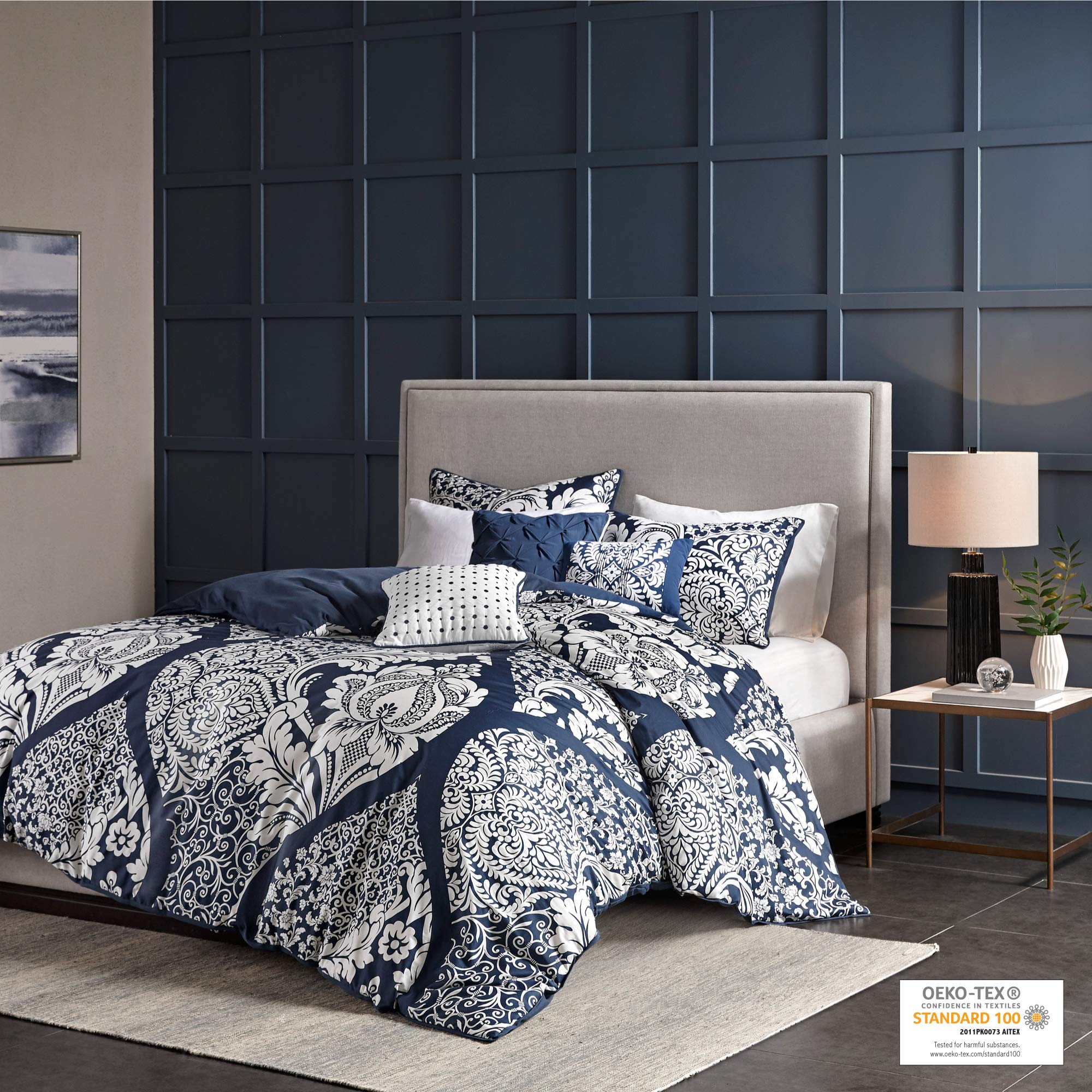 Madison Park Vienna Cotton Poly Blend Duvet Set - Classic Traditional Design, Cozy All Season Comforter Cover, Matching Shams, Decorative Pillows Vienna, King/Cal King(104"x92"), Indigo 6 Piece