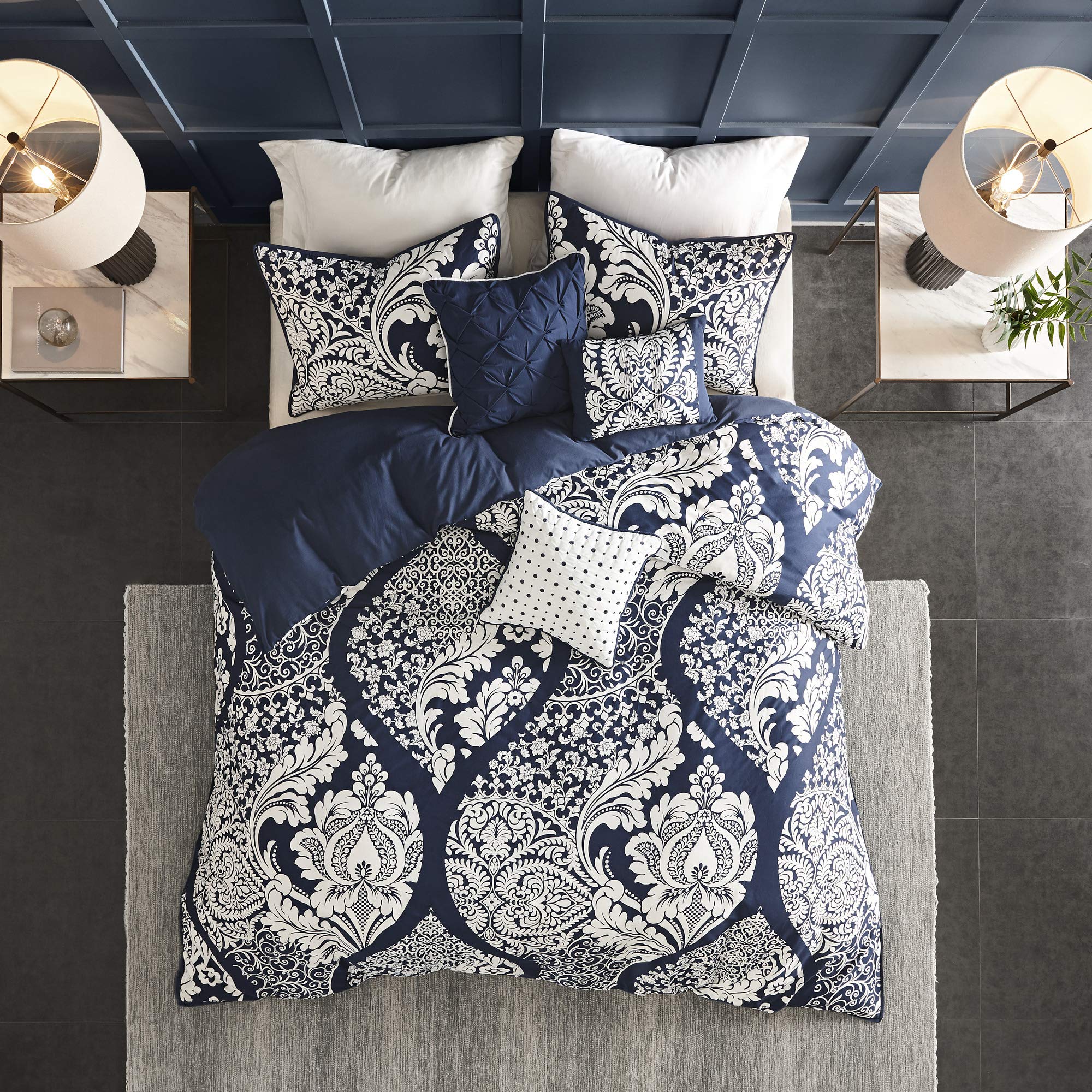 Madison Park Vienna Cotton Poly Blend Duvet Set - Classic Traditional Design, Cozy All Season Comforter Cover, Matching Shams, Decorative Pillows Vienna, King/Cal King(104"x92"), Indigo 6 Piece