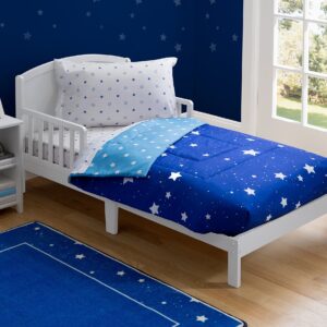 Delta Children 4 Piece Toddler Bedding Set for Boys - Reversible 2-in-1 Comforter - Includes Fitted Comforter to Keep Little Ones Snug, Bottom Sheet, Top Sheet, Pillow Case - Blue Stars