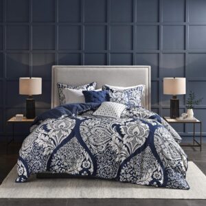 madison park vienna cotton poly blend duvet set - classic traditional design, cozy all season comforter cover, matching shams, decorative pillows vienna, king/cal king(104"x92"), indigo 6 piece