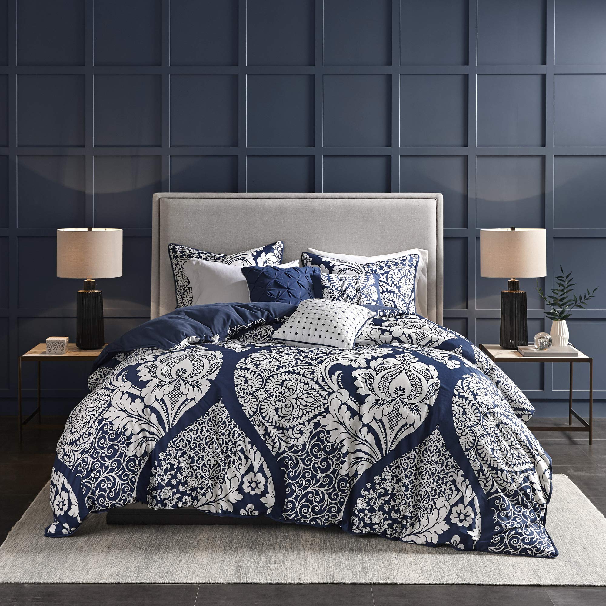 Madison Park Vienna Cotton Poly Blend Duvet Set - Classic Traditional Design, Cozy All Season Comforter Cover, Matching Shams, Decorative Pillows Vienna, King/Cal King(104"x92"), Indigo 6 Piece