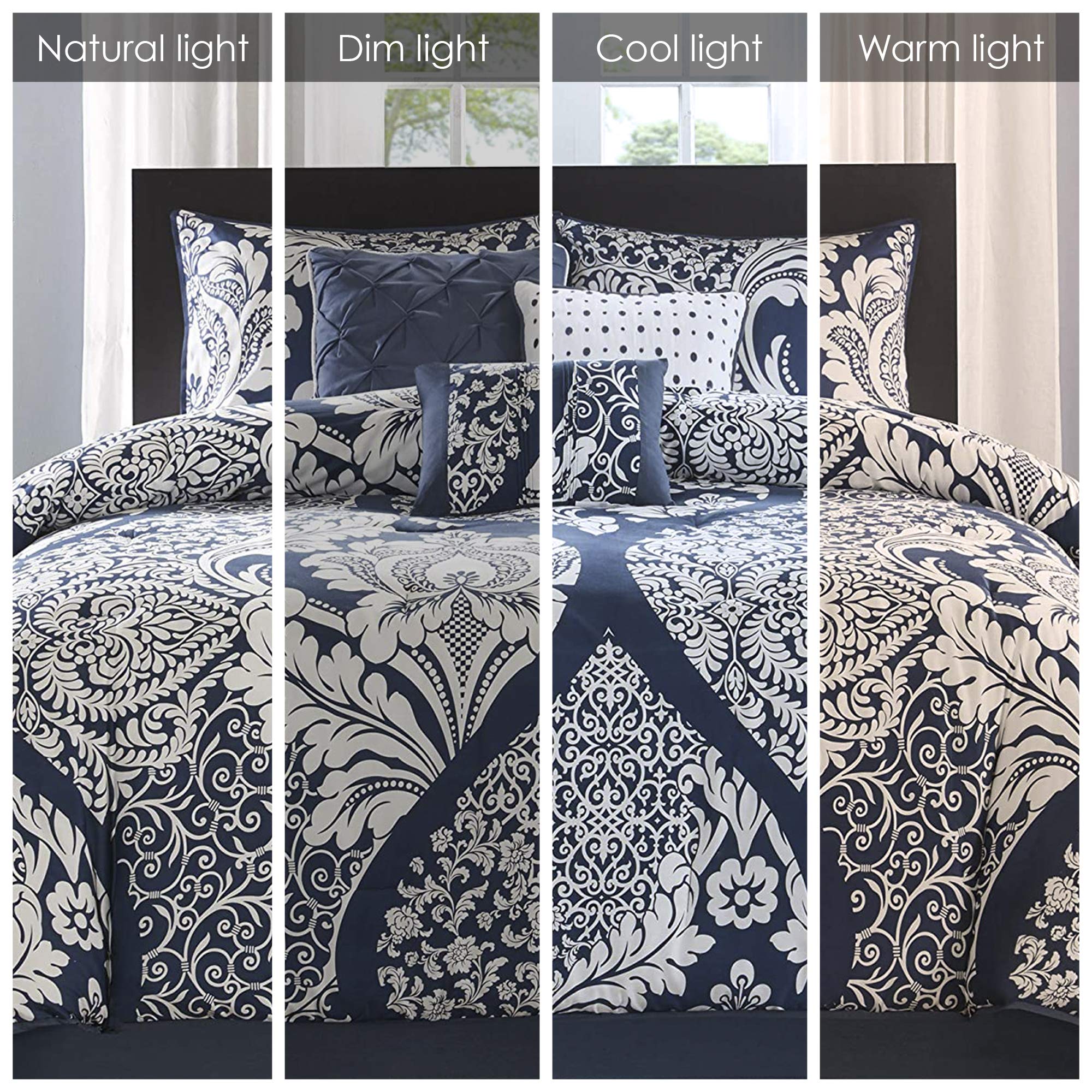 Madison Park Vienna Cotton Poly Blend Duvet Set - Classic Traditional Design, Cozy All Season Comforter Cover, Matching Shams, Decorative Pillows Vienna, King/Cal King(104"x92"), Indigo 6 Piece