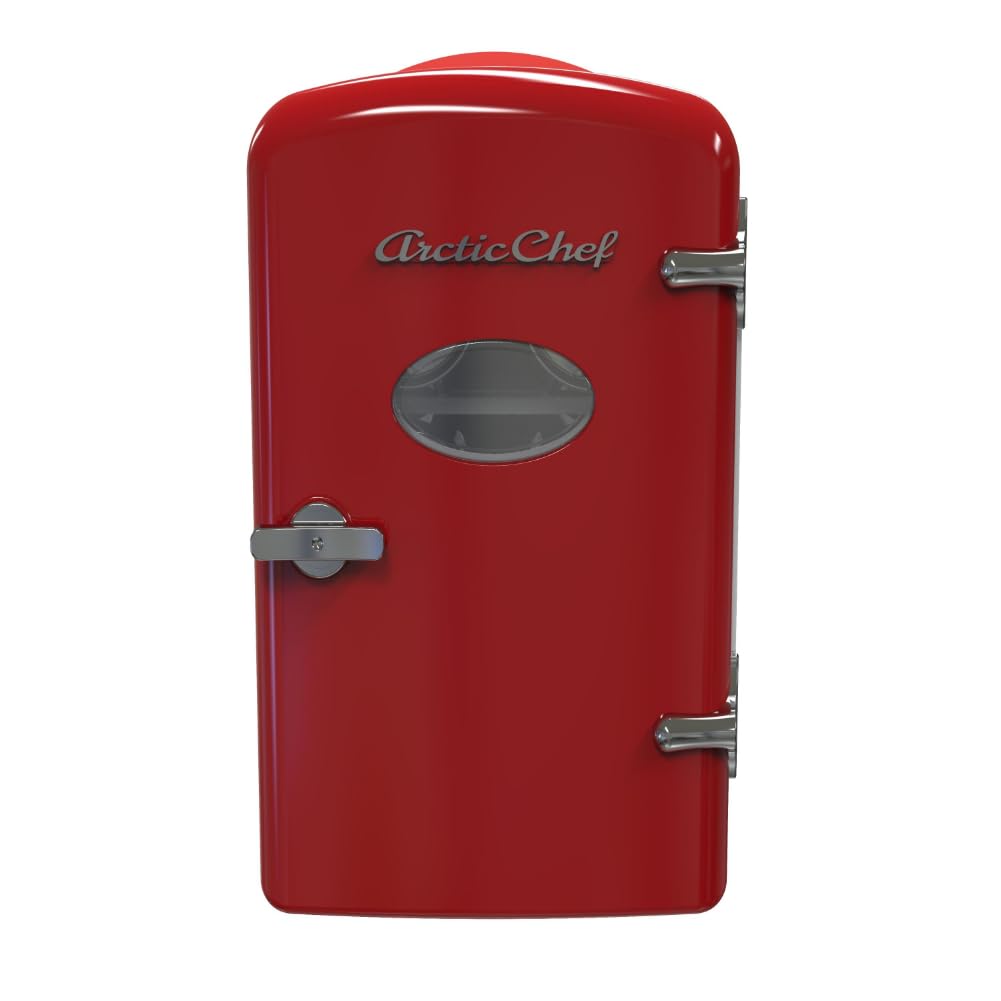 ARCTIC CHEF RMIS129RED RMIS129-RED RCA Mini Portable Compact Personal Fridge Cooler, 4 Liter Capacity Chills Six 12 oz Cans, 100% Freon-Free & Eco Friendly, Includes Multiple Chargers, Red