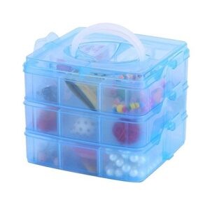 djunxyan 3-tier 18 sections transparent stackable adjustable compartment slot plastic craft storage box organizer for toy desktop jewelry accessory drawer or kitchen 4 colors 3 sizes (medium blue)