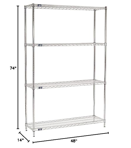 Nexel 14" x 48" x 74", 4 Tier Adjustable Wire Shelving Unit, NSF Listed Commercial Storage Rack, Chrome Finish, leveling feet