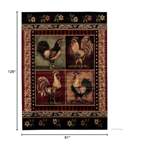 Allstar 8x11 Red and Black Cabin Rectangular Accent Rug with Ivory and Green Wildlife Rooster Design (7' 6" x 10' 5")