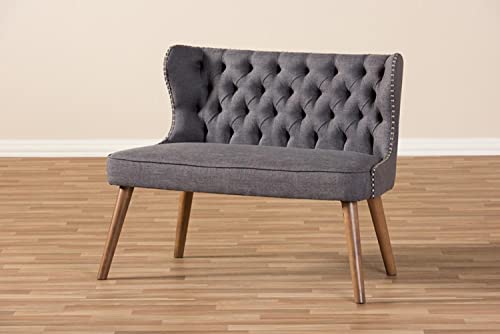 Baxton Studio Scarlett Mid-Century Modern Brown Wood and Dark Grey Fabric Upholstered Button-Tufting with Nail Heads Trim 2-Seater Loveseat Settee