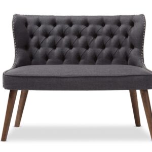 Baxton Studio Scarlett Mid-Century Modern Brown Wood and Dark Grey Fabric Upholstered Button-Tufting with Nail Heads Trim 2-Seater Loveseat Settee