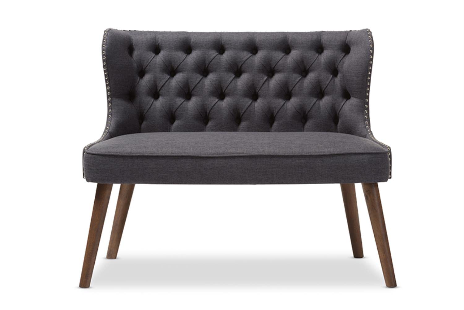 Baxton Studio Scarlett Mid-Century Modern Brown Wood and Dark Grey Fabric Upholstered Button-Tufting with Nail Heads Trim 2-Seater Loveseat Settee