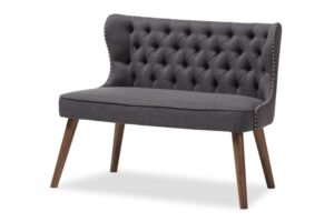 baxton studio scarlett mid-century modern brown wood and dark grey fabric upholstered button-tufting with nail heads trim 2-seater loveseat settee