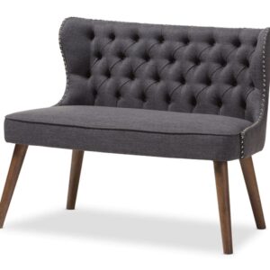 Baxton Studio Scarlett Mid-Century Modern Brown Wood and Dark Grey Fabric Upholstered Button-Tufting with Nail Heads Trim 2-Seater Loveseat Settee