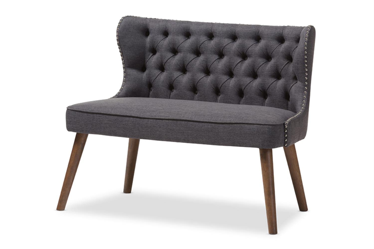 Baxton Studio Scarlett Mid-Century Modern Brown Wood and Dark Grey Fabric Upholstered Button-Tufting with Nail Heads Trim 2-Seater Loveseat Settee