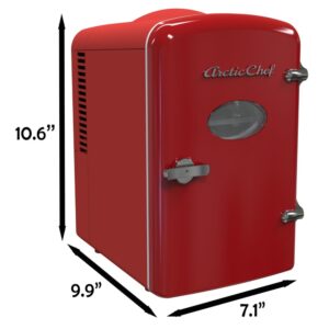 ARCTIC CHEF RMIS129RED RMIS129-RED RCA Mini Portable Compact Personal Fridge Cooler, 4 Liter Capacity Chills Six 12 oz Cans, 100% Freon-Free & Eco Friendly, Includes Multiple Chargers, Red