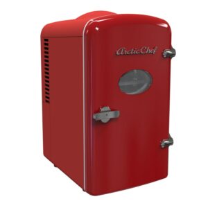 ARCTIC CHEF RMIS129RED RMIS129-RED RCA Mini Portable Compact Personal Fridge Cooler, 4 Liter Capacity Chills Six 12 oz Cans, 100% Freon-Free & Eco Friendly, Includes Multiple Chargers, Red