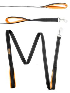 mighty paw dual handle dog leash - reflective for night safety - padded leash - dog leash with two handles - dog leash with carabiner clip - traffic handle leash - 6 feet long dog leash (black/orange)