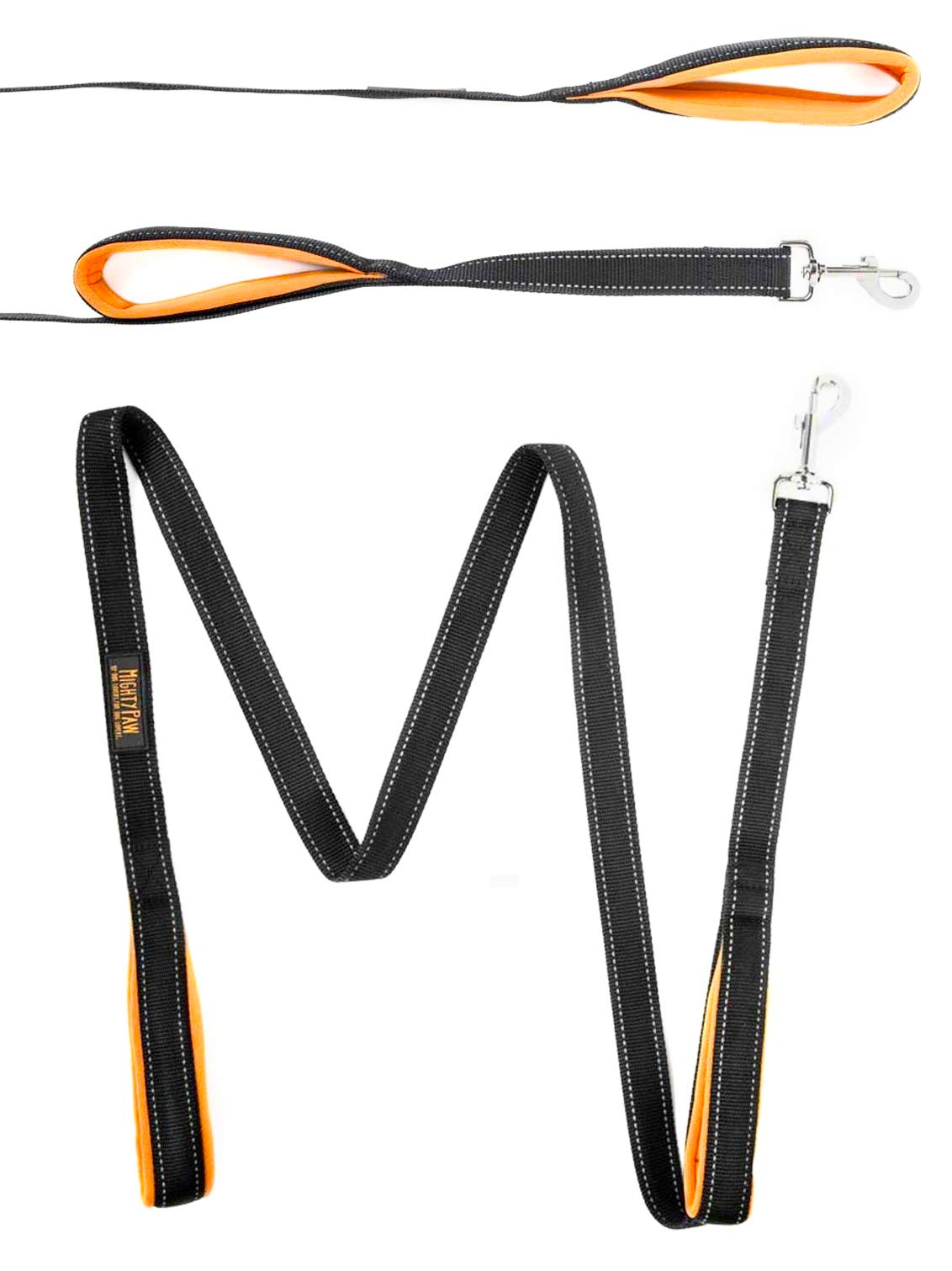 Mighty Paw Dual Handle Dog Leash - Reflective for Night Safety - Padded Leash - Dog Leash with Two Handles - Dog Leash with Carabiner Clip - Traffic Handle Leash - 6 Feet Long Dog Leash (Black/Orange)