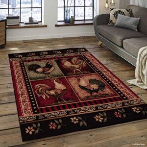 allstar 8x11 red and black cabin rectangular accent rug with ivory and green wildlife rooster design (7' 6" x 10' 5")