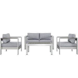 modway shore 4-piece aluminum outdoor patio furniture set in silver gray