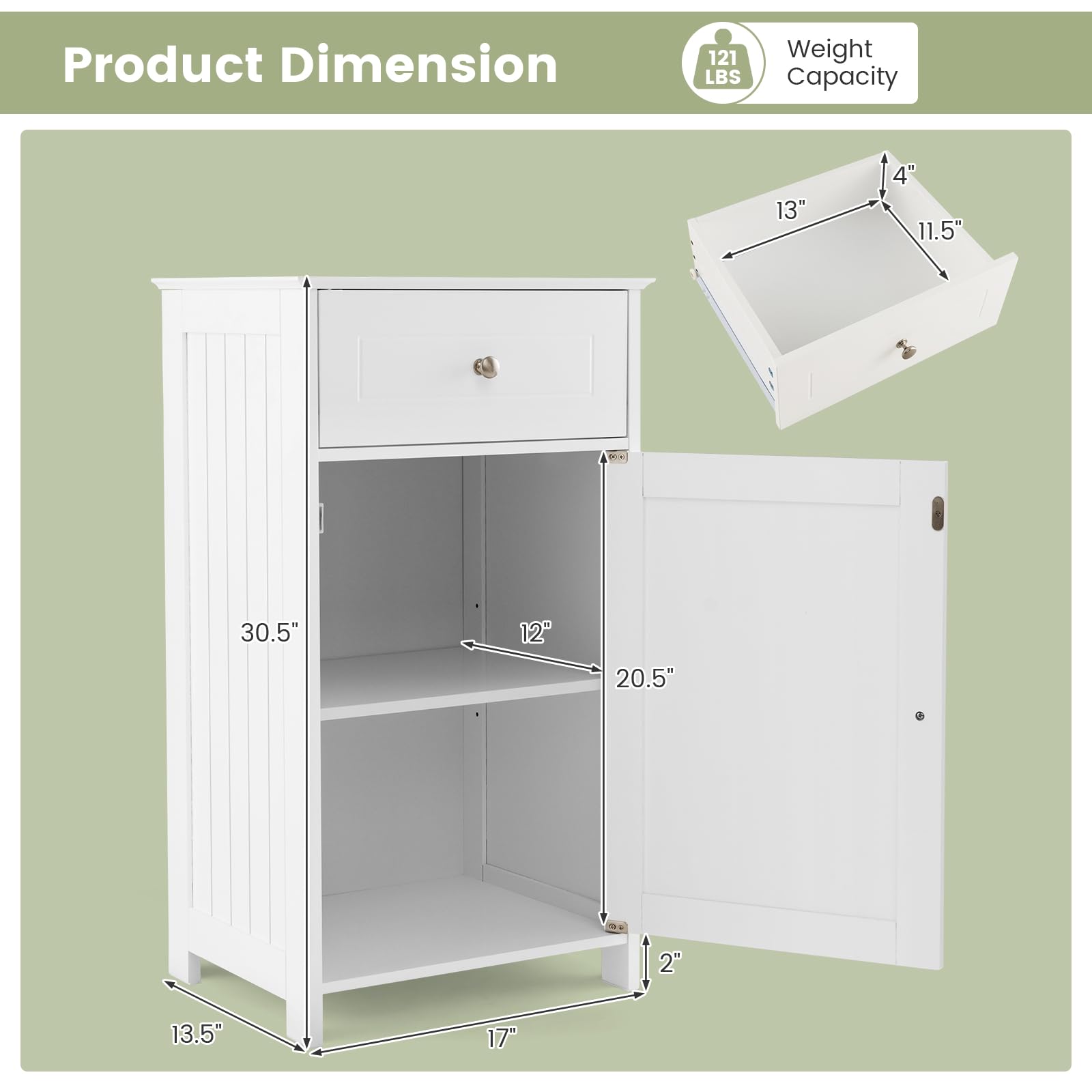 Tangkula Small Bathroom Cabinet for Small Spaces, Freestanding Single Door Bathroom Storage with Adjustable Shelf, Anti-Tipping Device, Smooth Drawer, Floor Cabinet for Bathroom Living Room