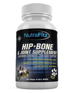 nutrafitz hip bone and joint supplement for dogs -glucosamine chondroitin for dogs, msm, organic turmeric - hip dysplasia, acls - best dog joint supplement for joint support - 120 tablets