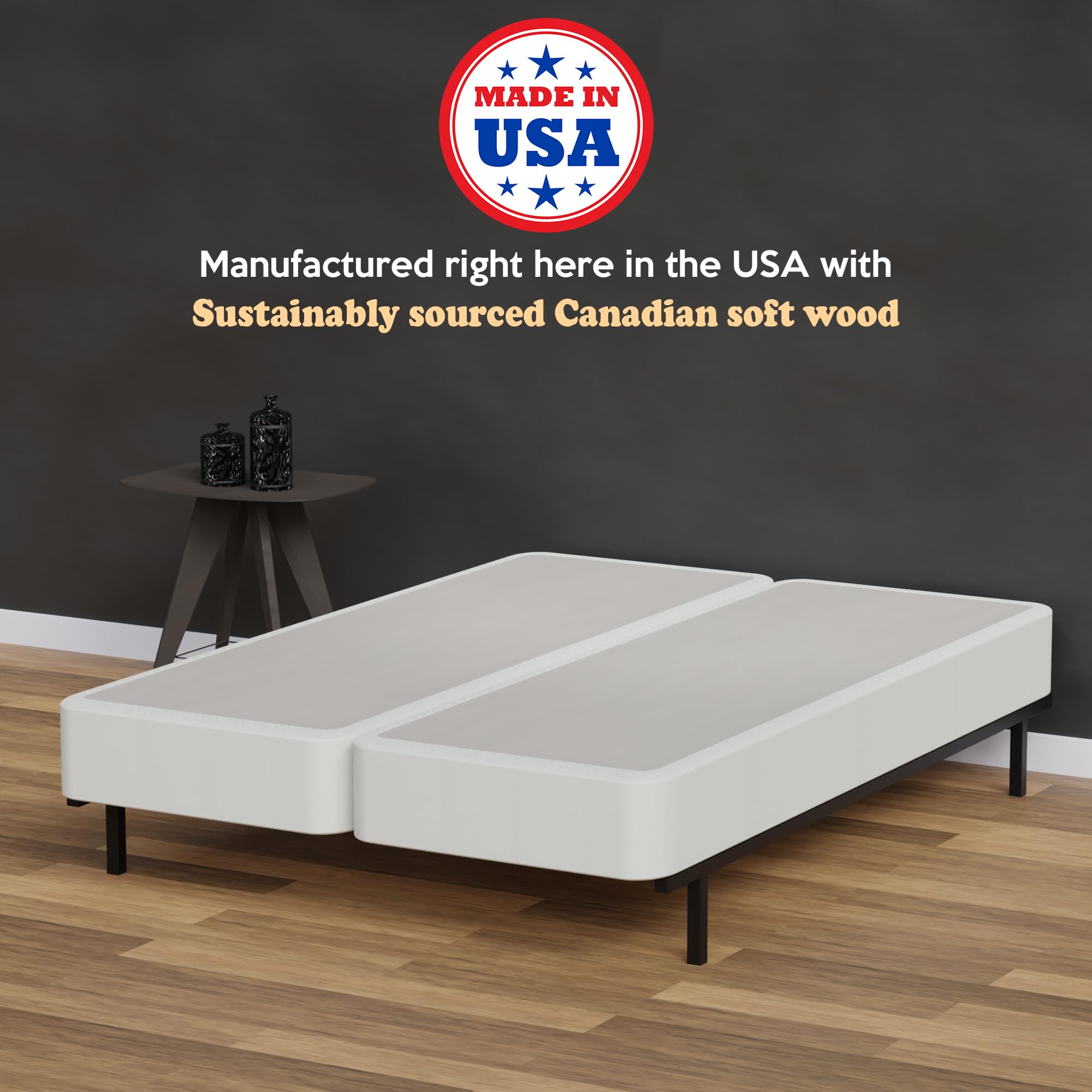 Continental Sleep, 4-Inch Sturdy Box Spring for Mattress Support-Durable and Fully Assembled, Natural Wood Foundation for King, White