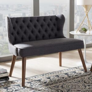 Baxton Studio Scarlett Mid-Century Modern Brown Wood and Dark Grey Fabric Upholstered Button-Tufting with Nail Heads Trim 2-Seater Loveseat Settee