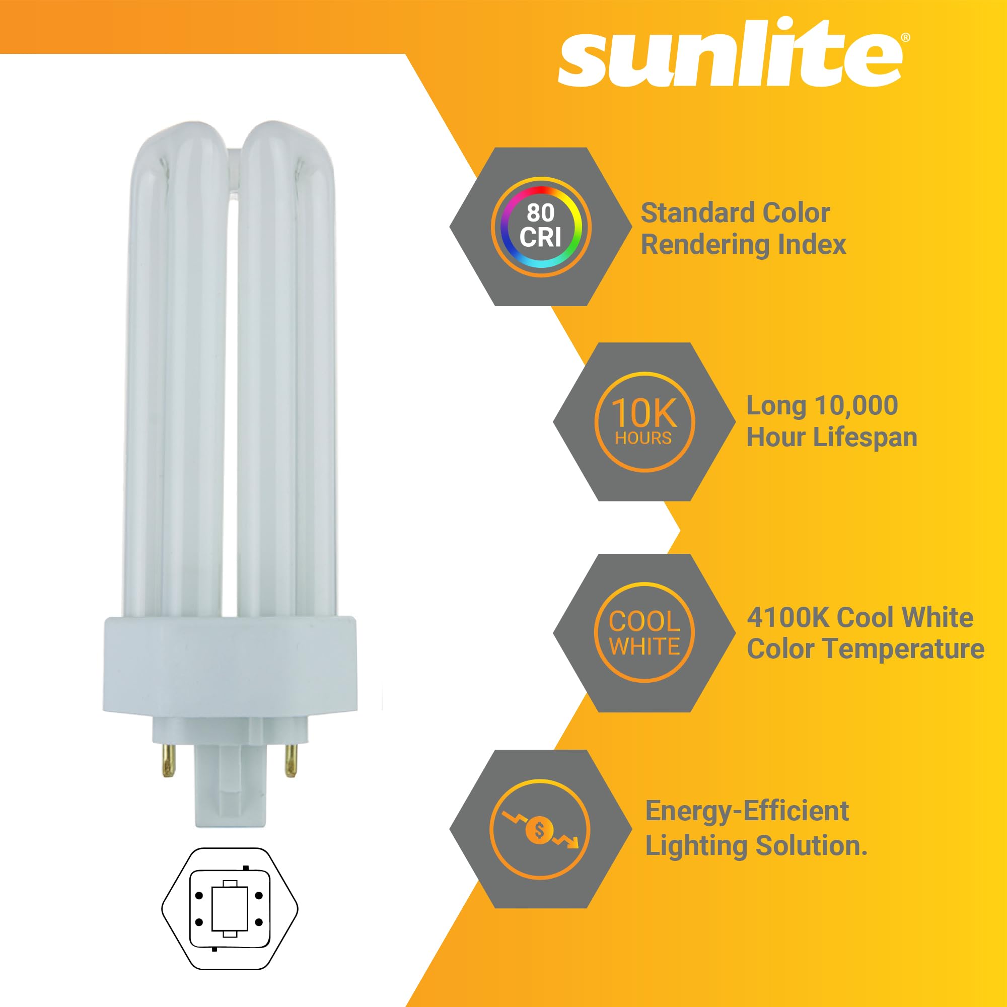 Sunlite PLT26/E/SP Compact Fluorescent Plug-in PLT 4-Pin Triple Tube, 26 Watts, 4-Pin GX24q3 Base, 1800 Lumens, 4100K Cool White, 10 Pack