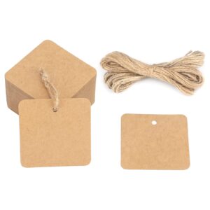 g2plus kraft paper gift tags with string,100pcs square hang tags-2.2''blank present tags with 66 feet natural jute twine for gift wrapping, arts and crafts, wedding,thanksgiving,christmas day (brown)