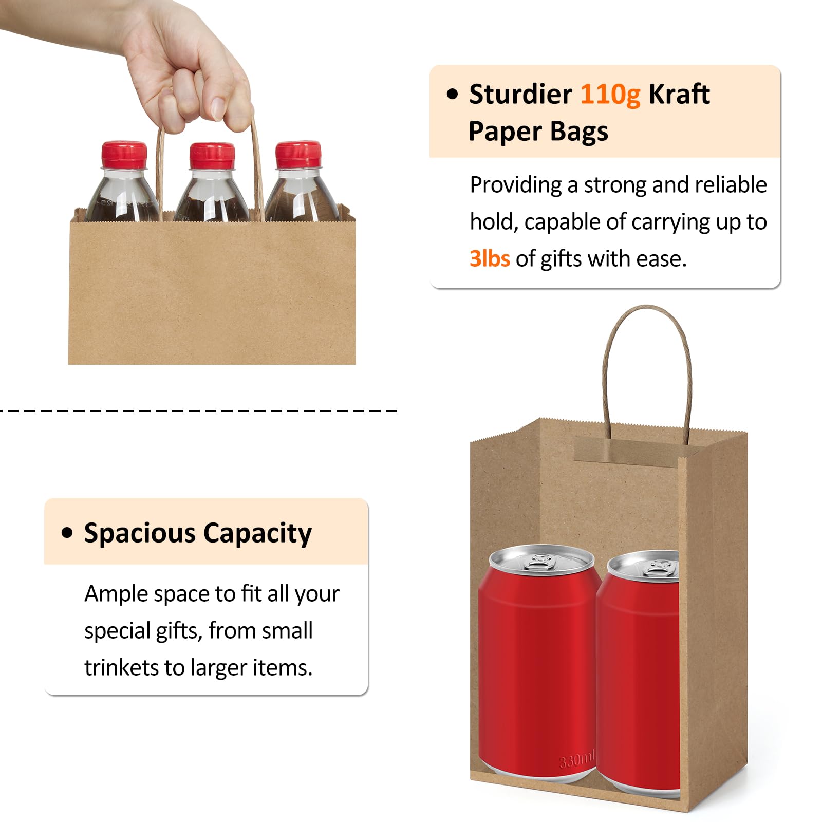 BagDream Kraft Paper Bags 50Pcs 5.25x3x8 Inches Small Paper Gift Bags with Handles Bulk Party Favor Bags Paper Shopping Bags Brown Gift Bags 100% Recyclable Paper Sacks