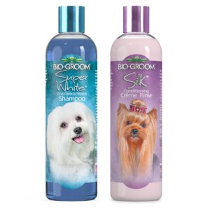 bio-groom super white shampoo and silk creme rinse conditioner - dog bathing supplies, puppy shampoo, puppy conditioner, cat & dog grooming supplies for sensitive skin - 12 fl oz each, 1-pack