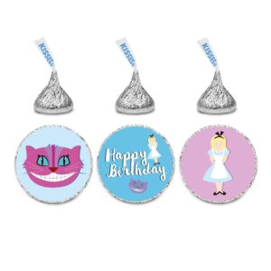 andaz press birthday chocolate drop labels trio, fits kisses party favors, alice in wonderland - alice, cheshire cat, happy birthday, 216-pack